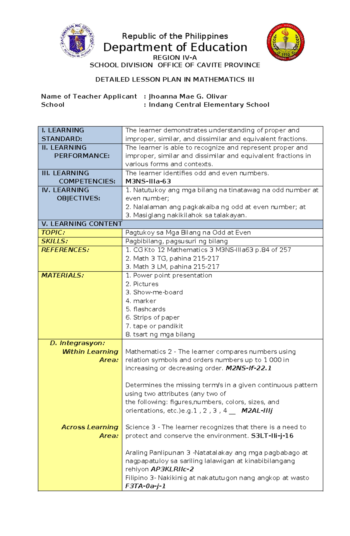 Detailed Lesson Plan in Mathematics III: Odd and Even Numbers (M3NS ...