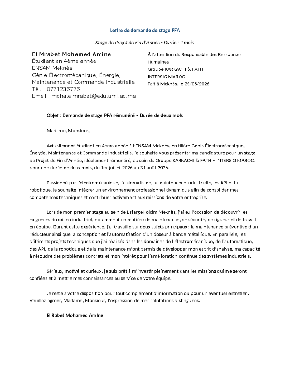 Lettre de Demande de Stage PFA - Groupe Karkachi FATH Intersig Maroc ...