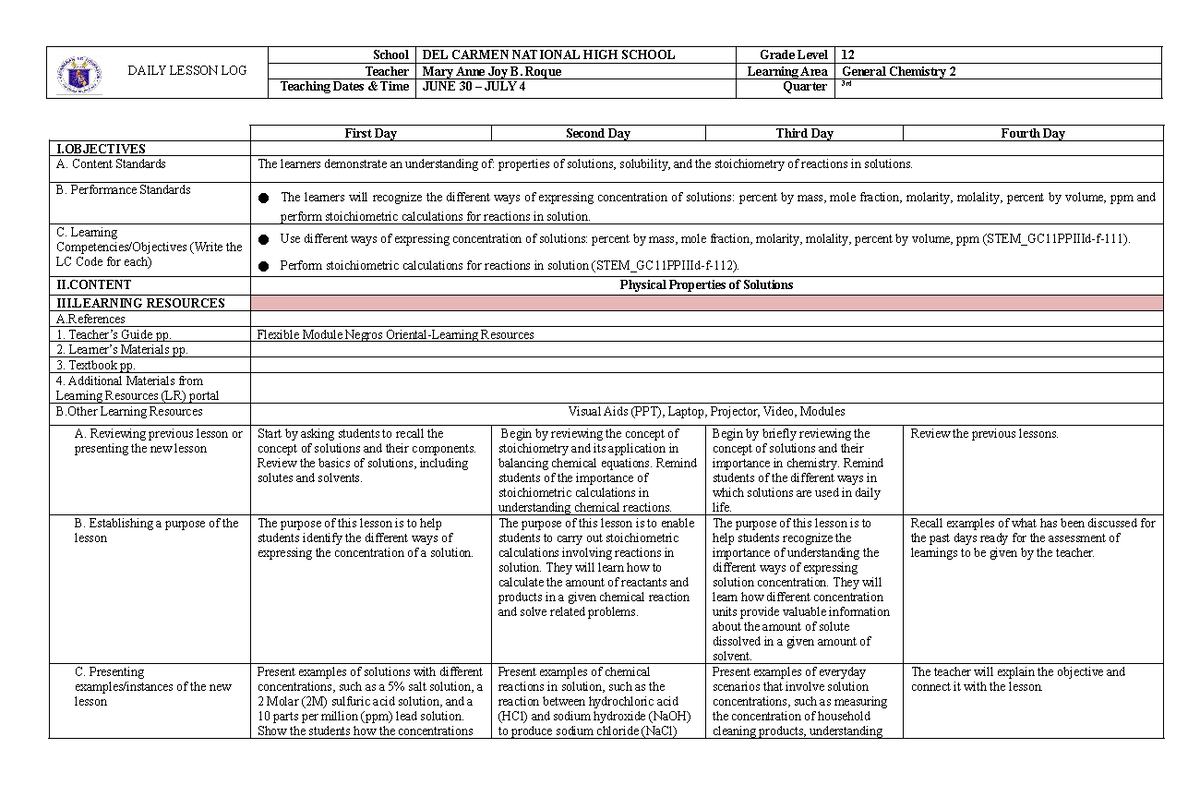 General Chemistry 2 - GENCHEM 2 Daily Lesson Log on Solutions and ...