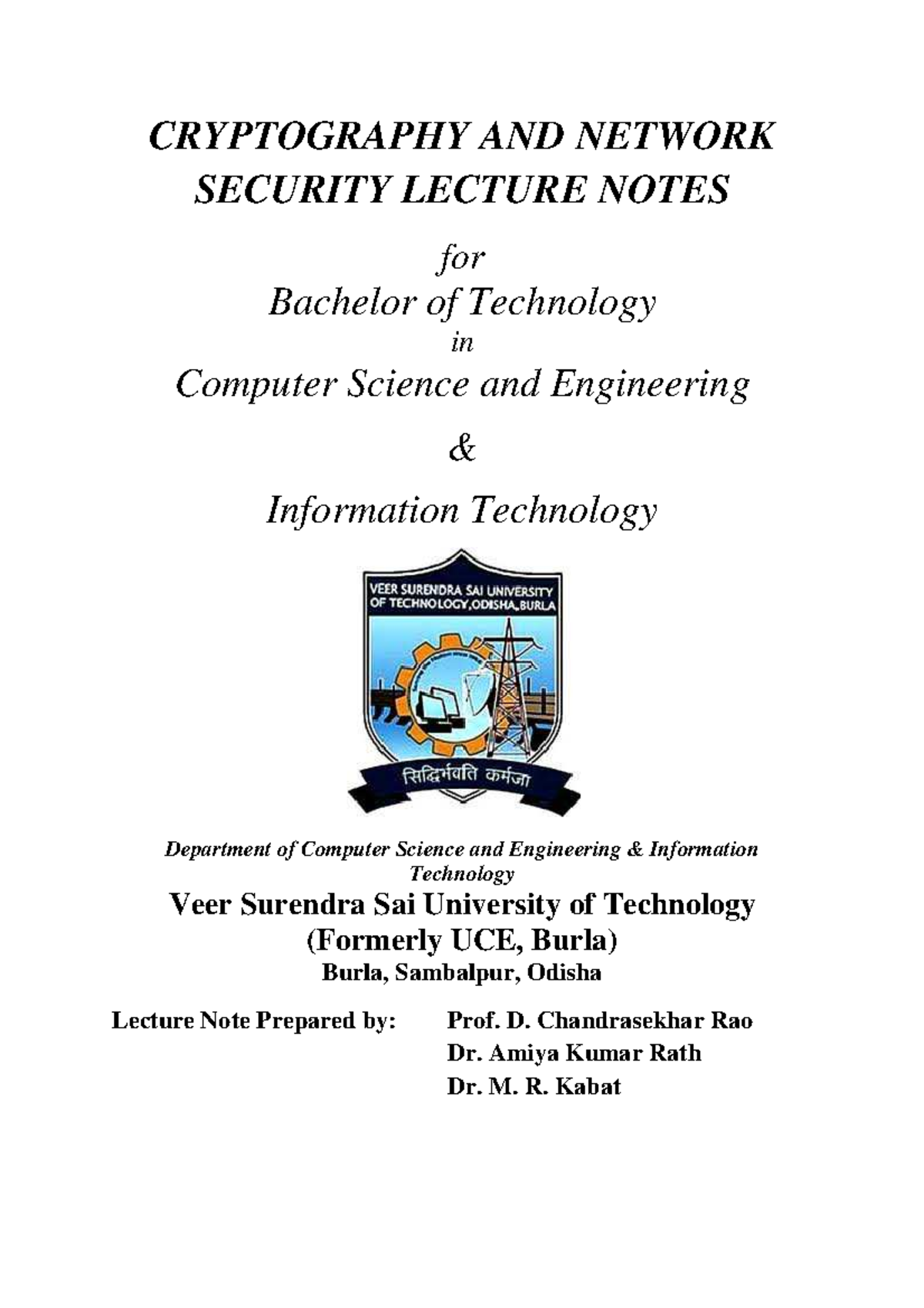 CRYPTOGRAPHY AND NETWORK SECURITY LECTURE NOTES (B.Tech CSE) - Studocu