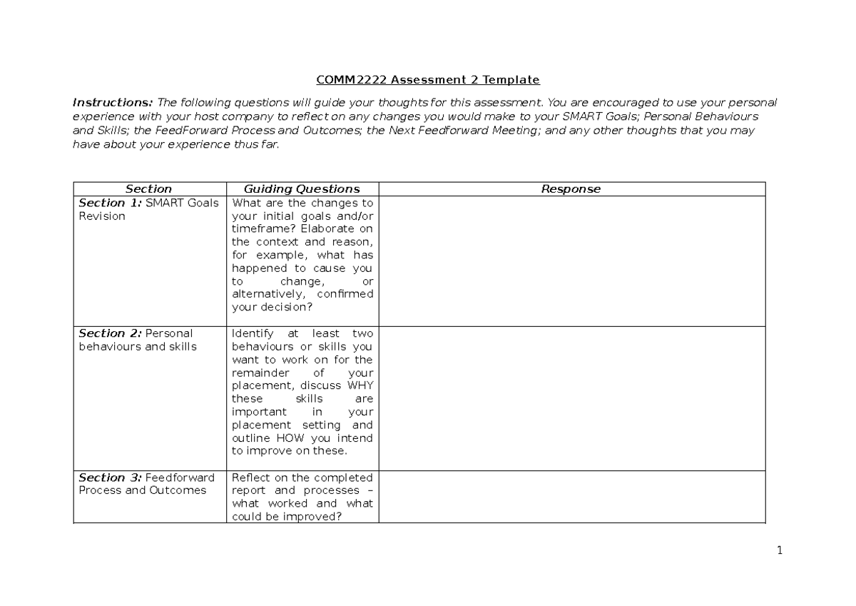 COMM2222 Assessment 2: SMART Goals & FeedForward Reflection Template ...