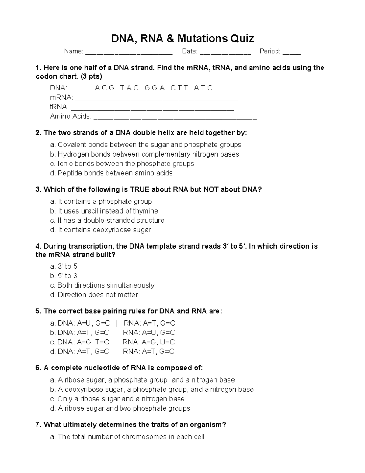 DNA & RNA Mutations Quiz - Key Concepts & Questions - Studocu