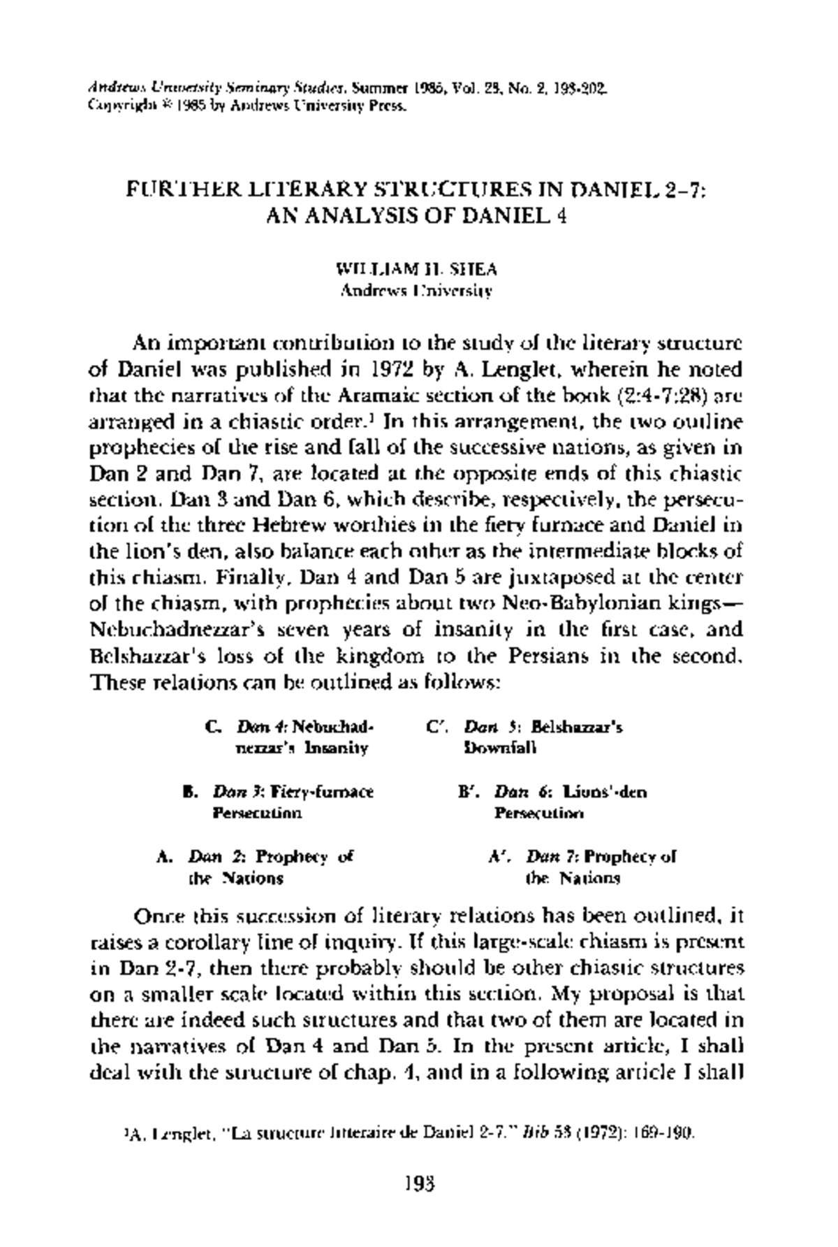 Further Literary Structures in Daniel 2-7: An Analysis of Daniel 4 ...