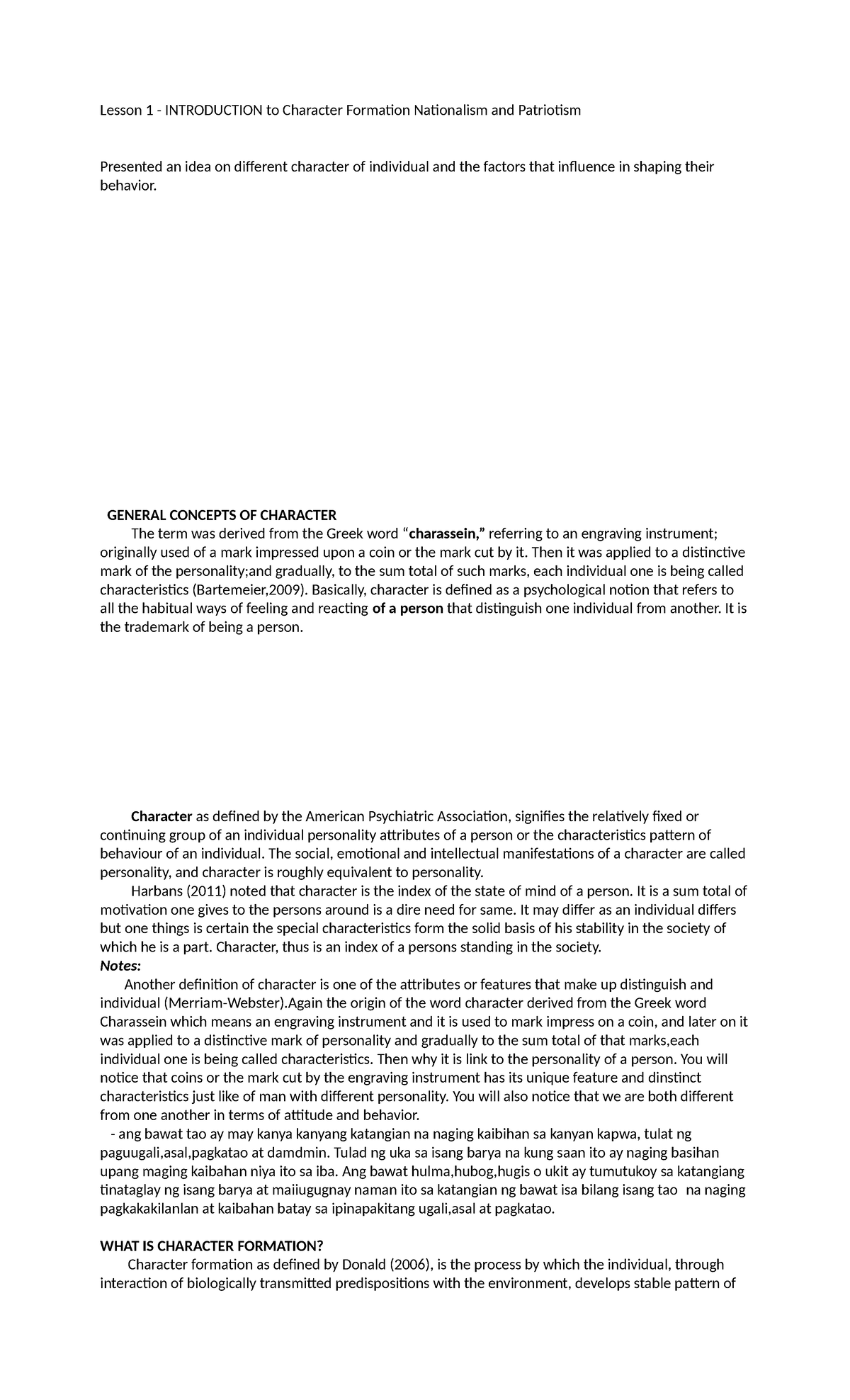 Lesson 1: Character Formation, Nationalism, and Patriotism Insights ...