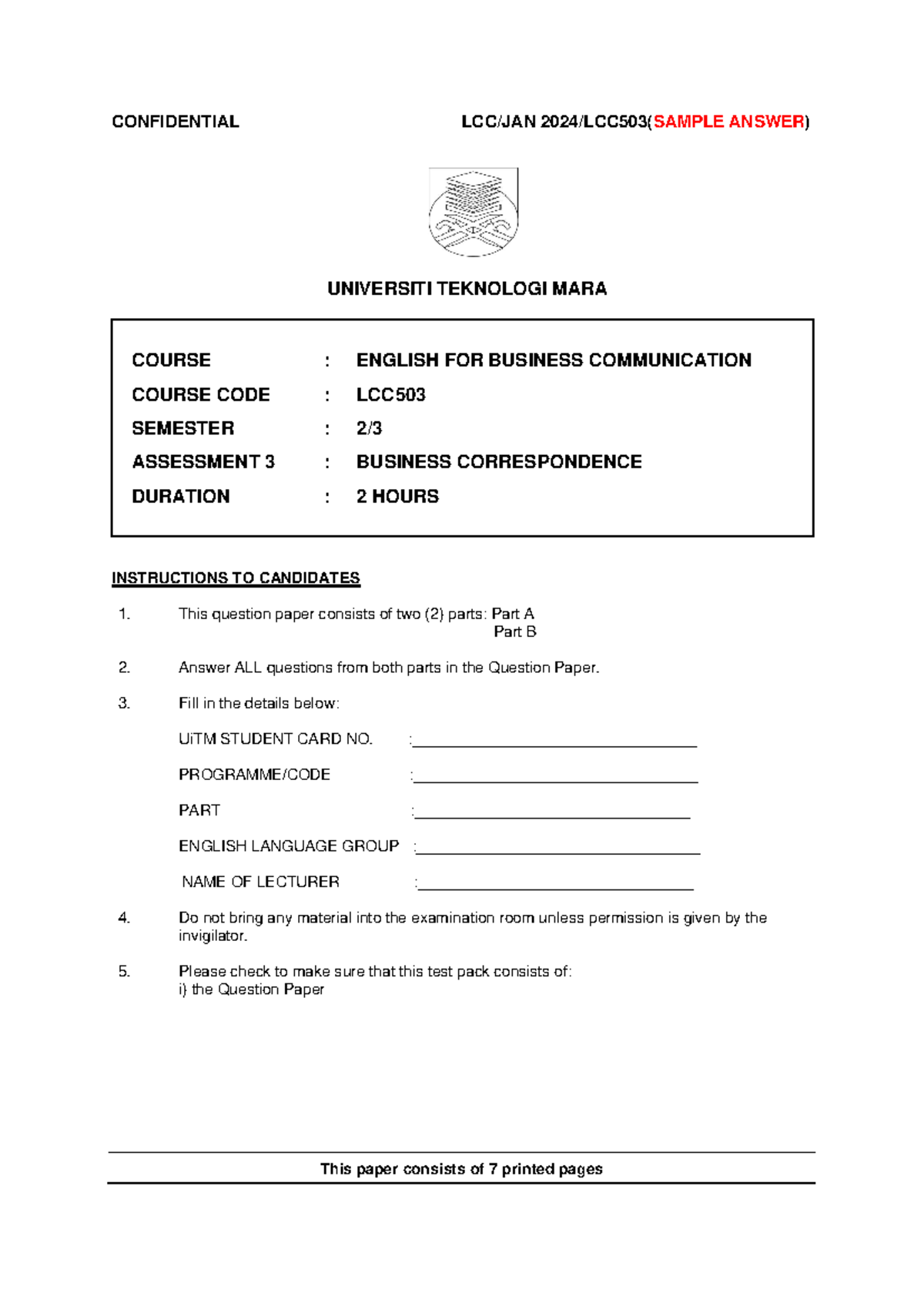 LCC503 Business Correspondence Sample Answer for Assessment 3 - Studocu