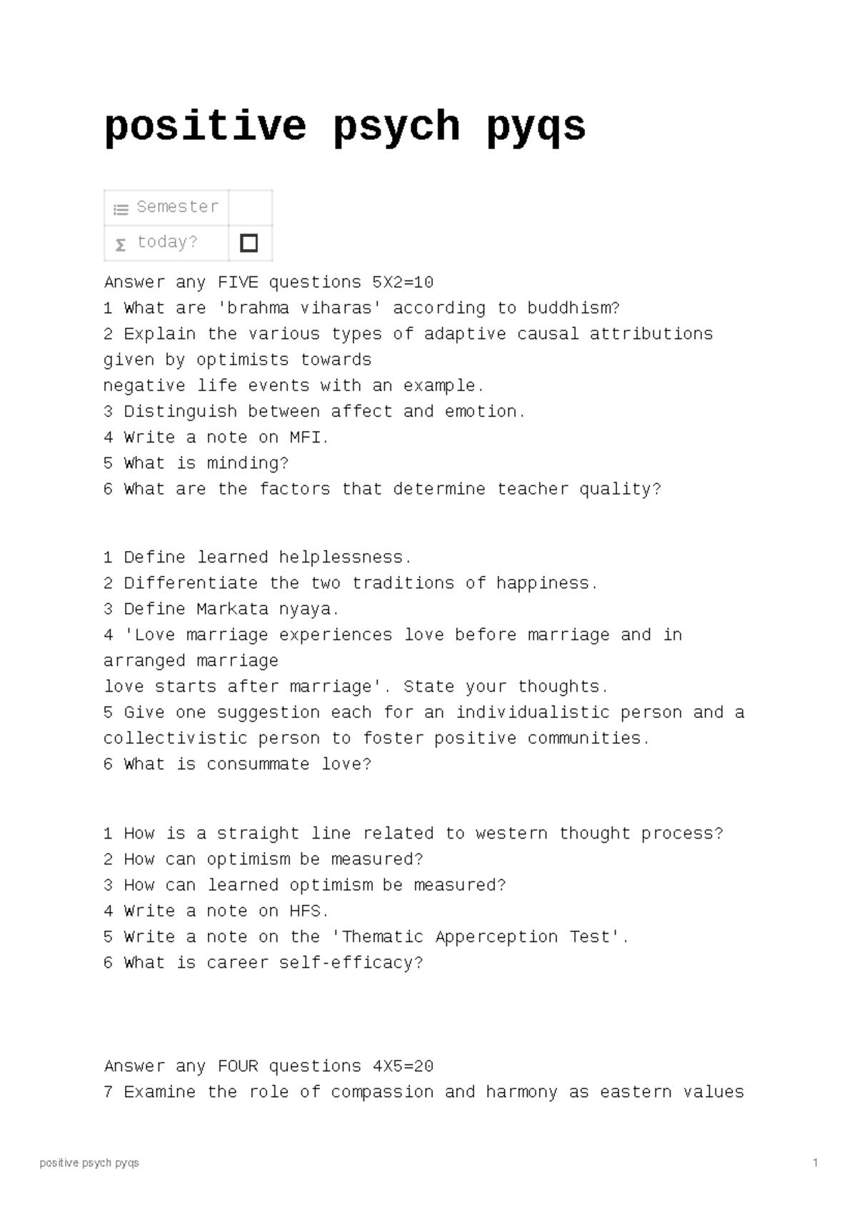Positive Psych PYQs - Past Year Question Paper Analysis - Studocu