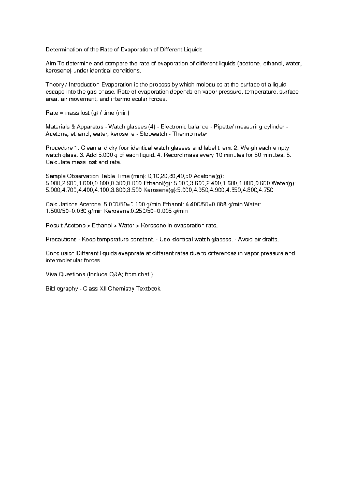 Evaporation Rate Comparison of Liquids - Class XII Chemistry Project ...
