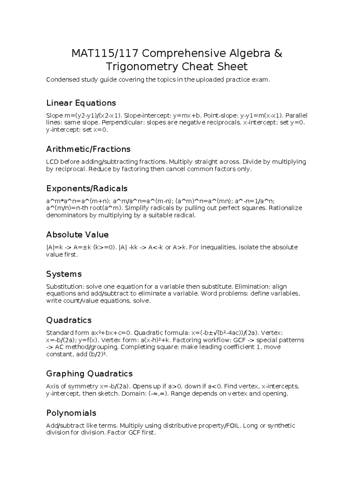 MAT115 Comprehensive Algebra & Trigonometry Cheat Sheet - Studocu