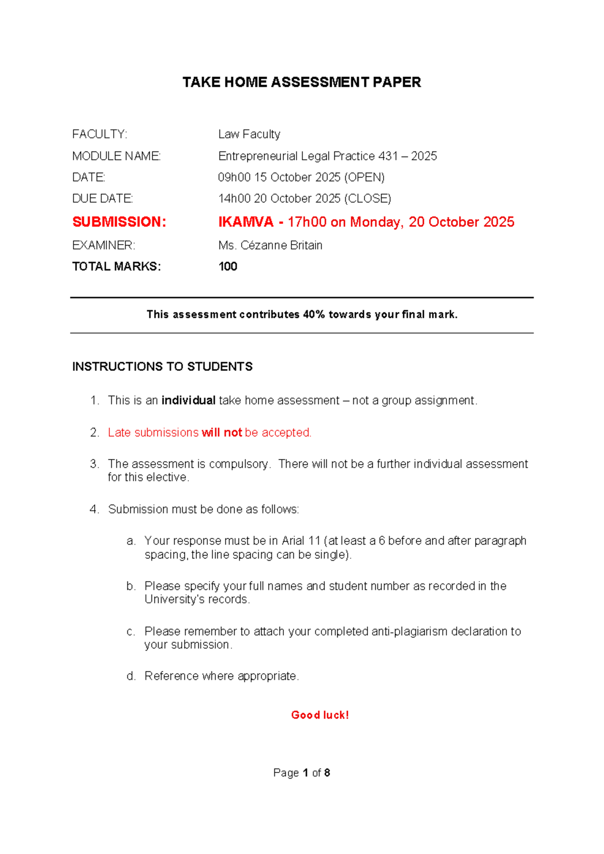 ELP 431 Final Take Home Assessment - October 2025 - Studocu