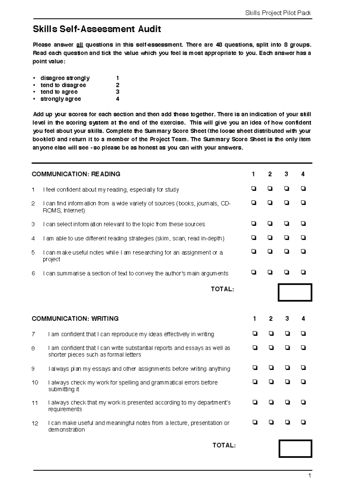 Skills Project Pilot Pack: Skills Audit Questionnaire - Studocu