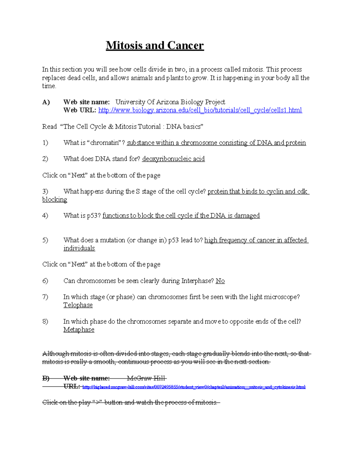 Mitosis - Practice material - Mitosis and Cancer In this section you ...