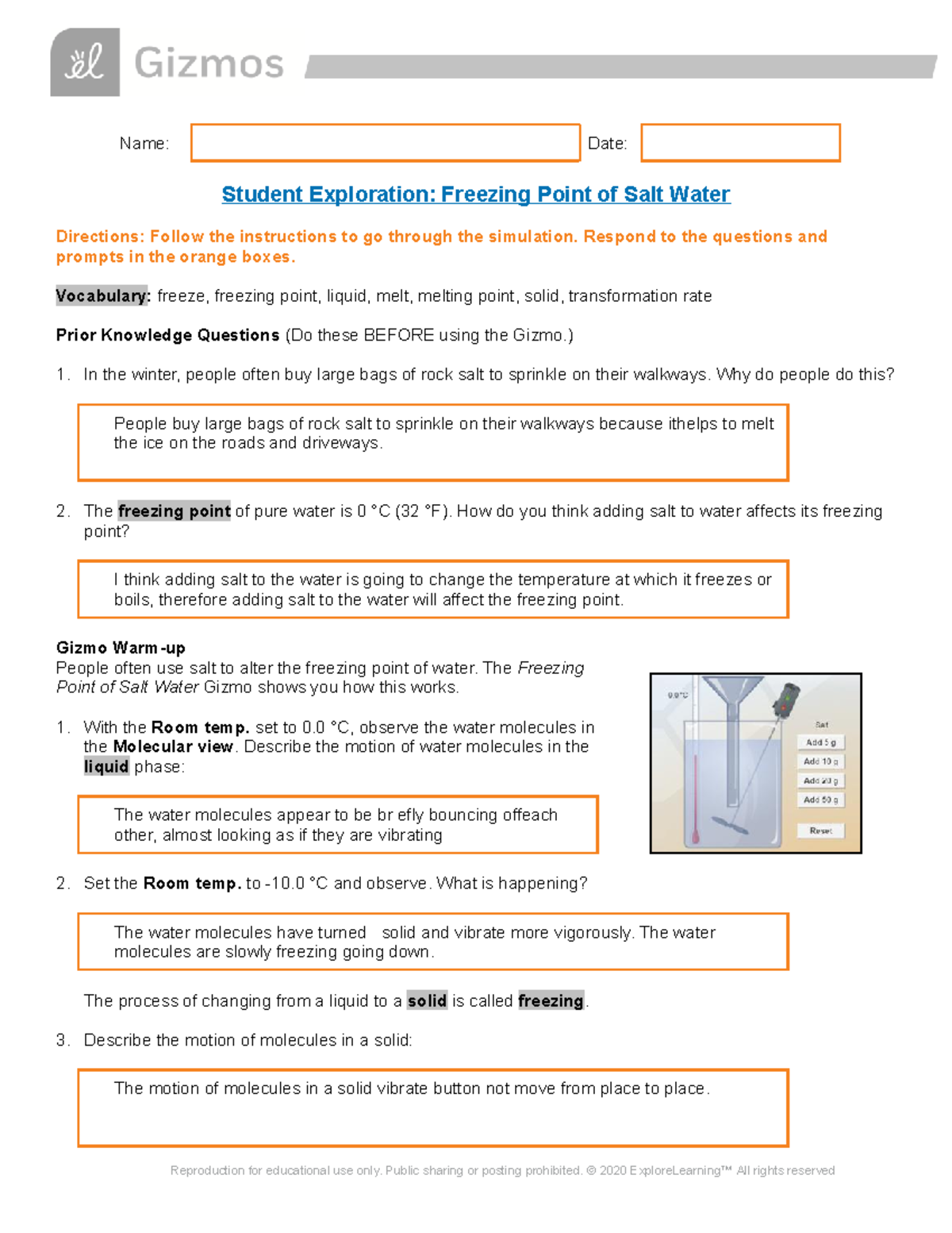 Freezing Salt Water Gizmo - Name: Date: Student Exploration: Freezing ...