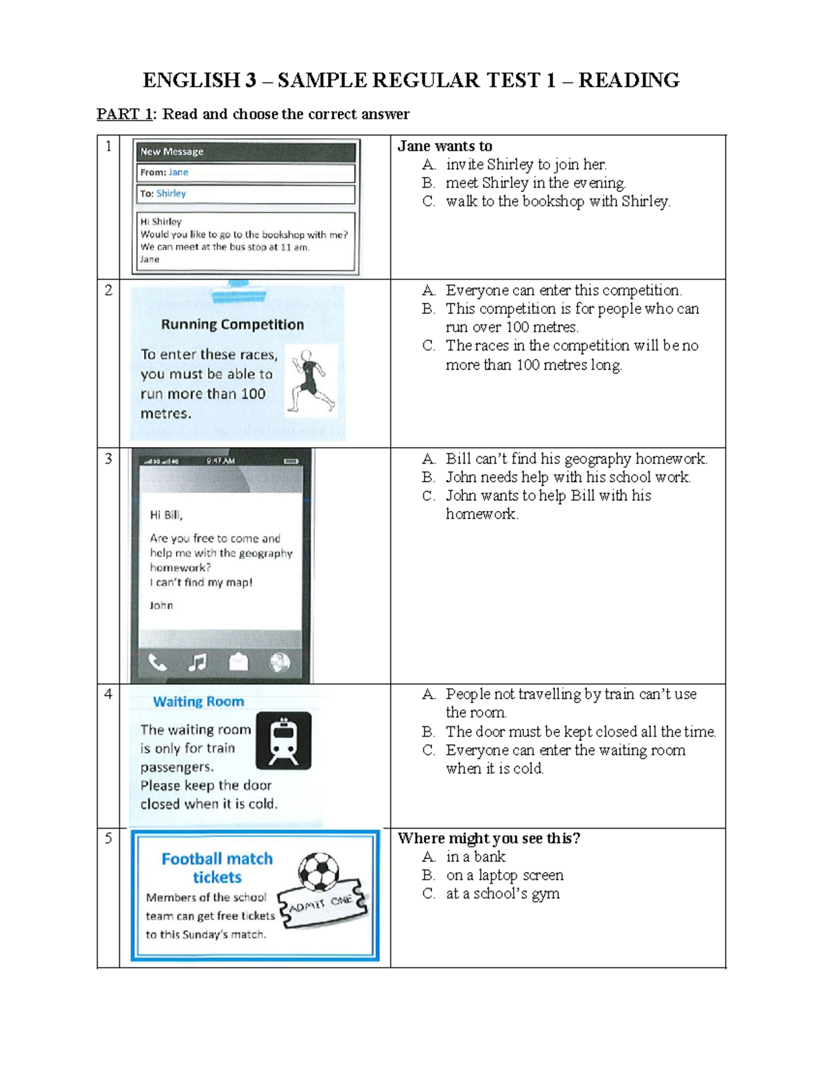 Sample Reading test ( English 3) - ENGLISH 3 – SAMPLE REGULAR TEST 1 ...