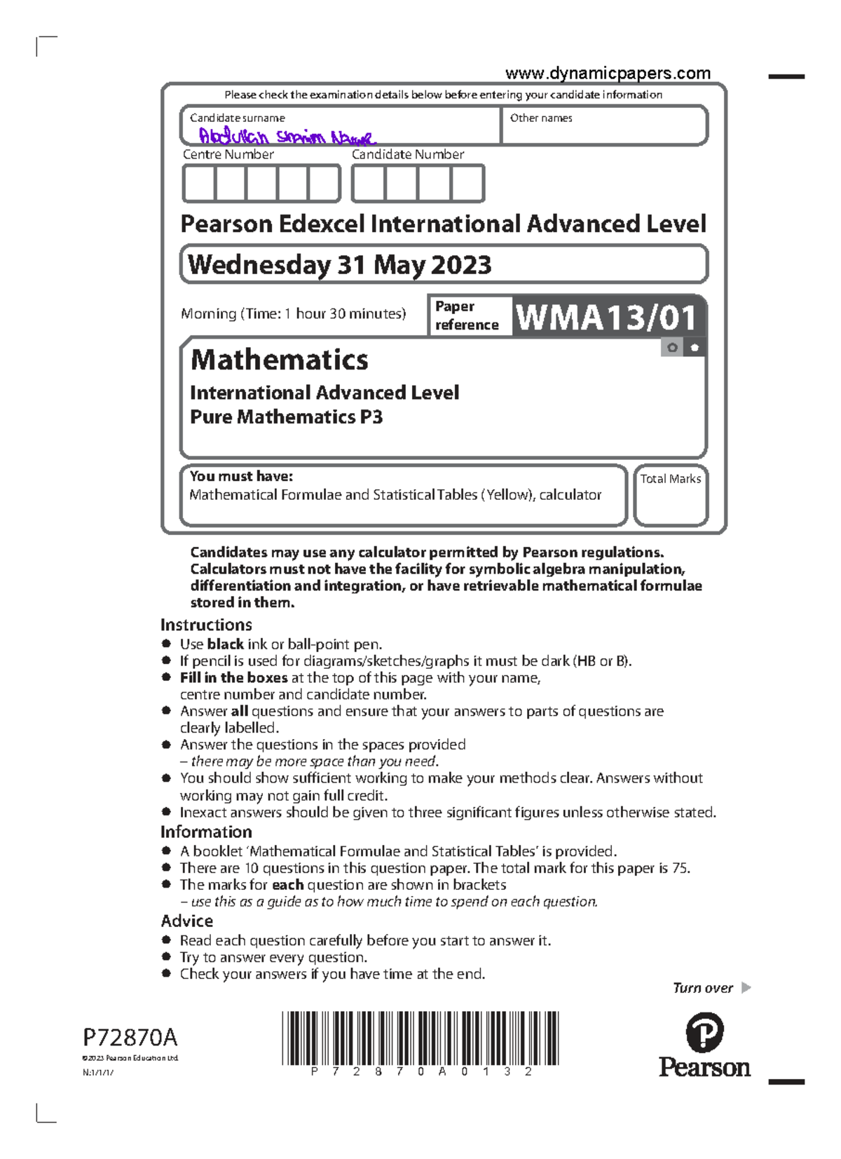 Mathematics IAL Pure Mathematics P3 Exam Paper - June 2023 - Studocu