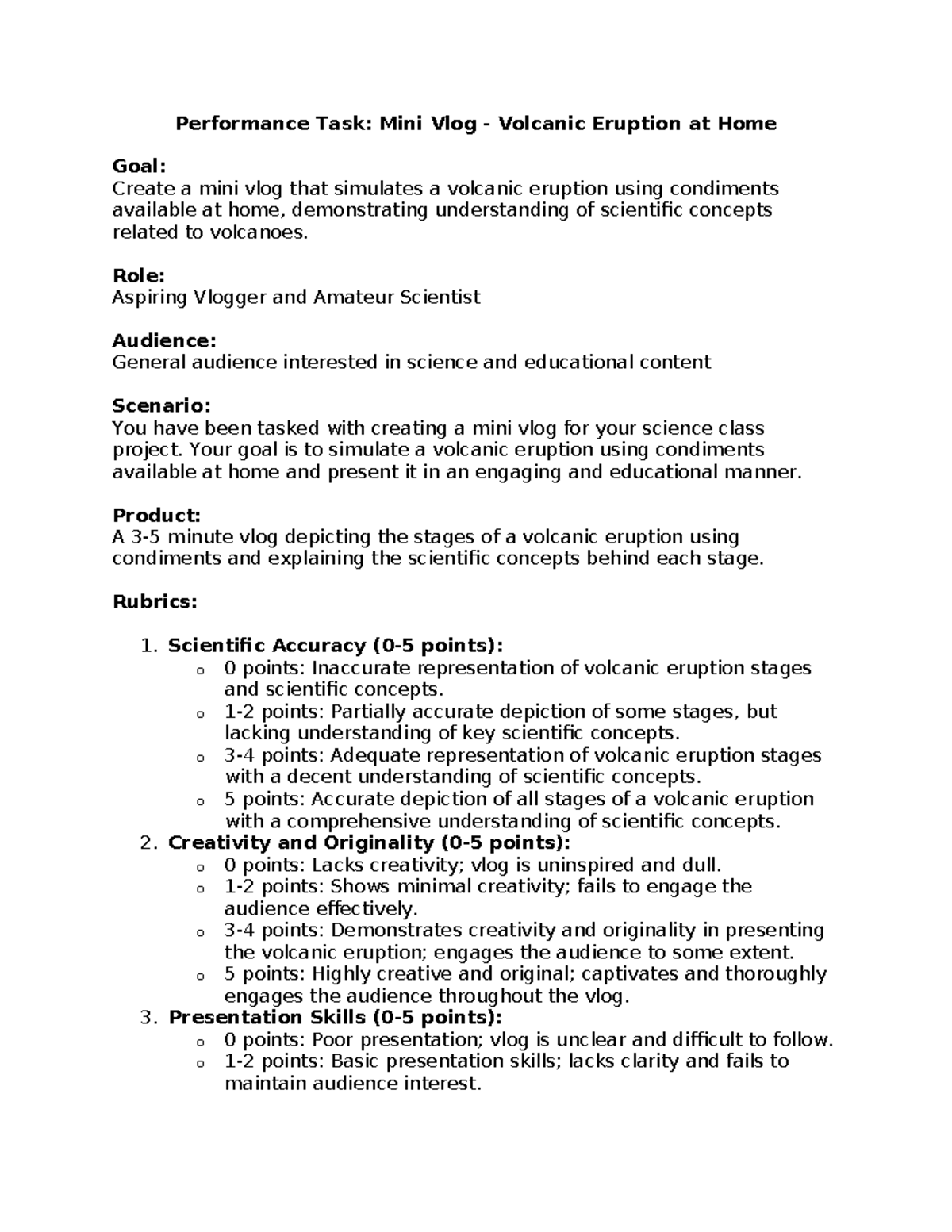 Performance Task: Mini Vlog on Simulating Volcanic Eruption Using Condiments - Studocu