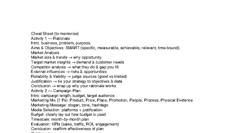 Unit 2 Cheat Sheet - Cheat Sheet (to memorise) Activity 1 — Rationale ...