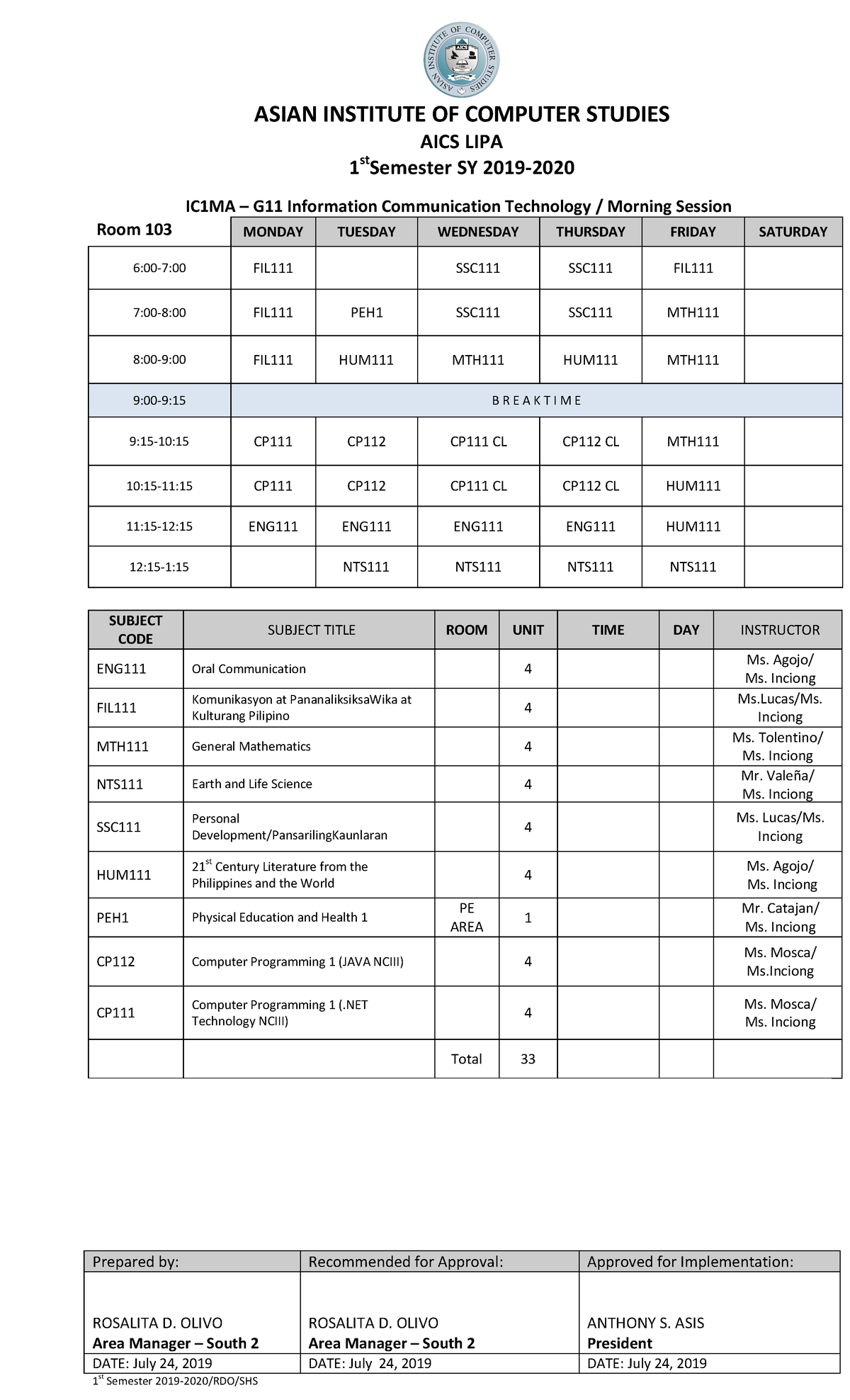 AICS Lipa 1st Semester Class Schedule SY 2019-2020 - Studocu