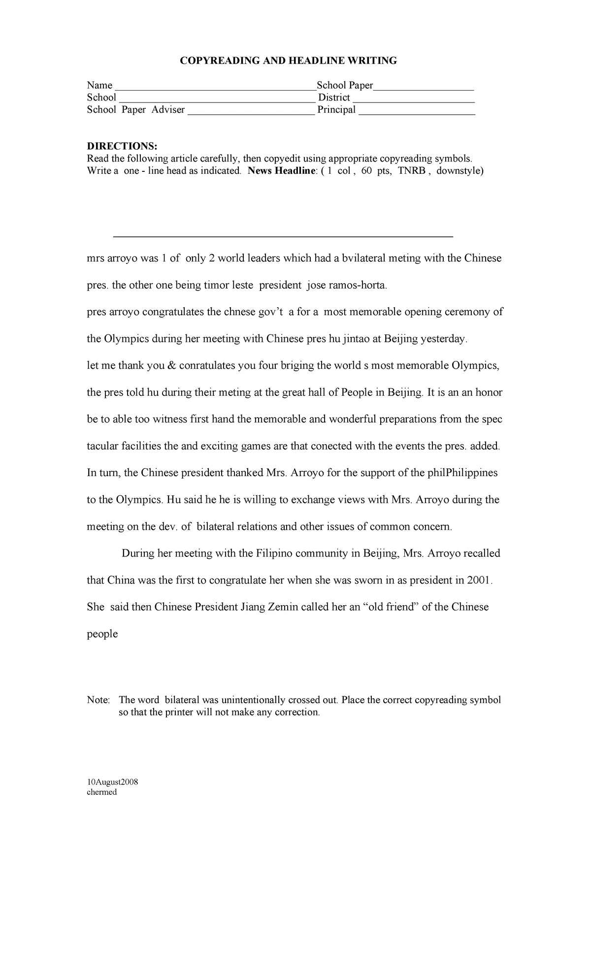 COPYREADING & HEADLINE WRITING EX19 - Exercise on News Editing - Studocu