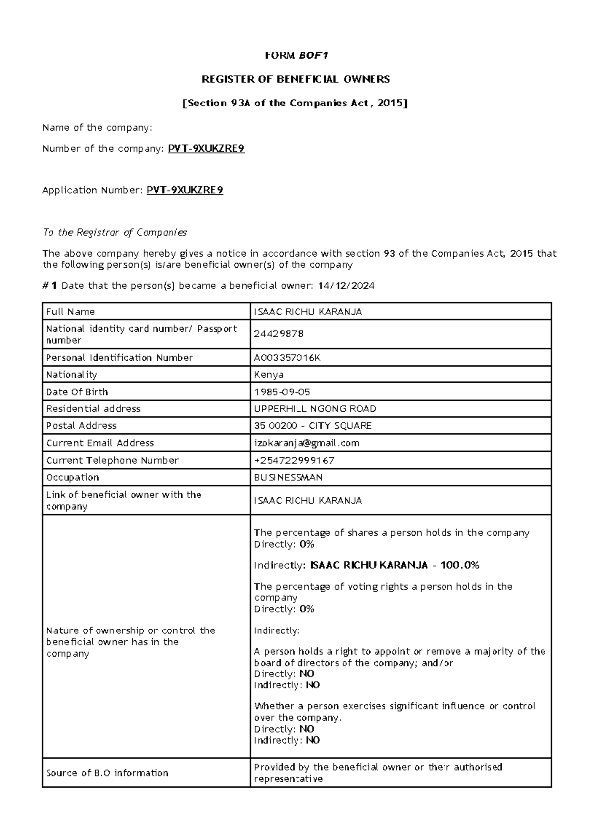 BOF-1 - FAIR - FORM BOF REGISTER OF BENEFICIAL OWNERS [Section 93A of ...