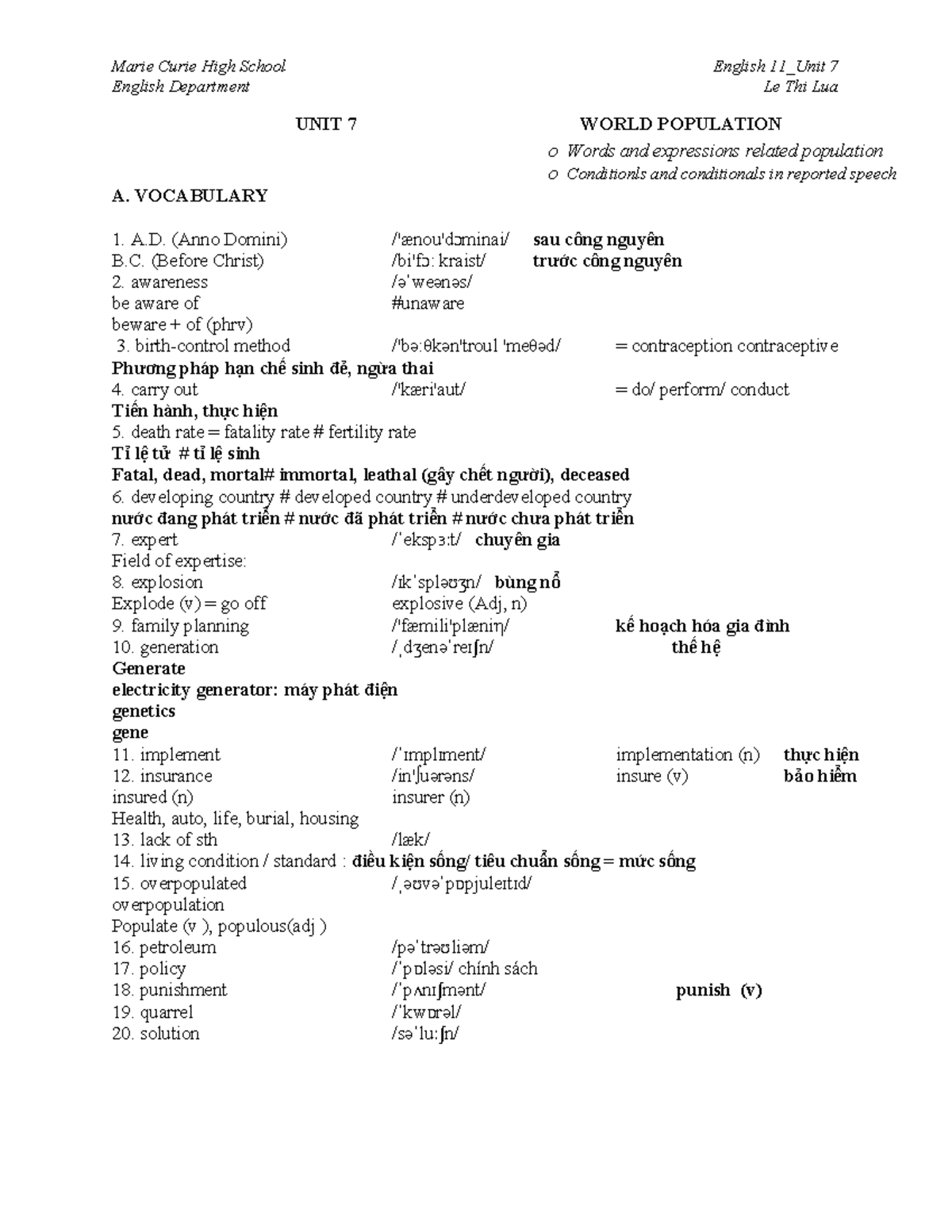 English 11_Unit 7: Vocabulary and Grammar on World Population - Studocu