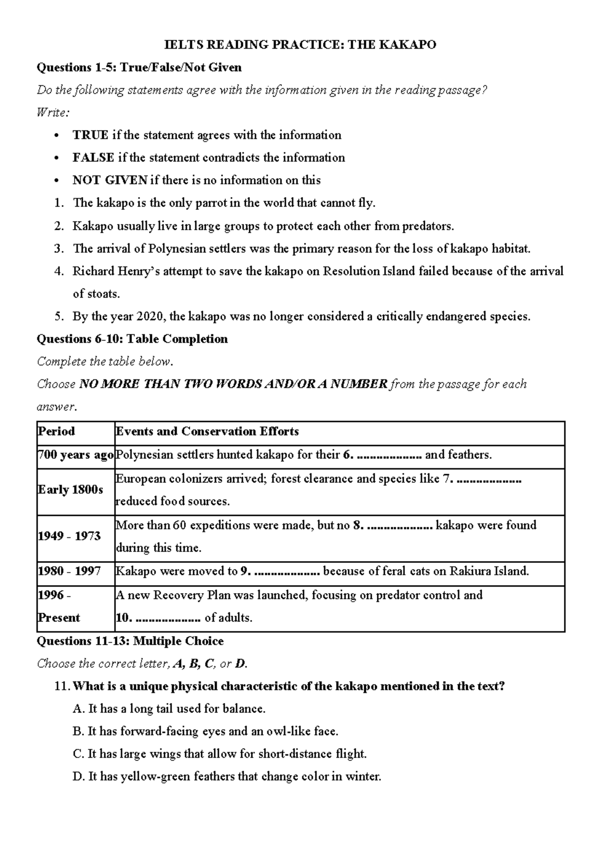 IELTS READING PRACTICE: KAKAPO CONSERVATION QUESTIONS - Studocu