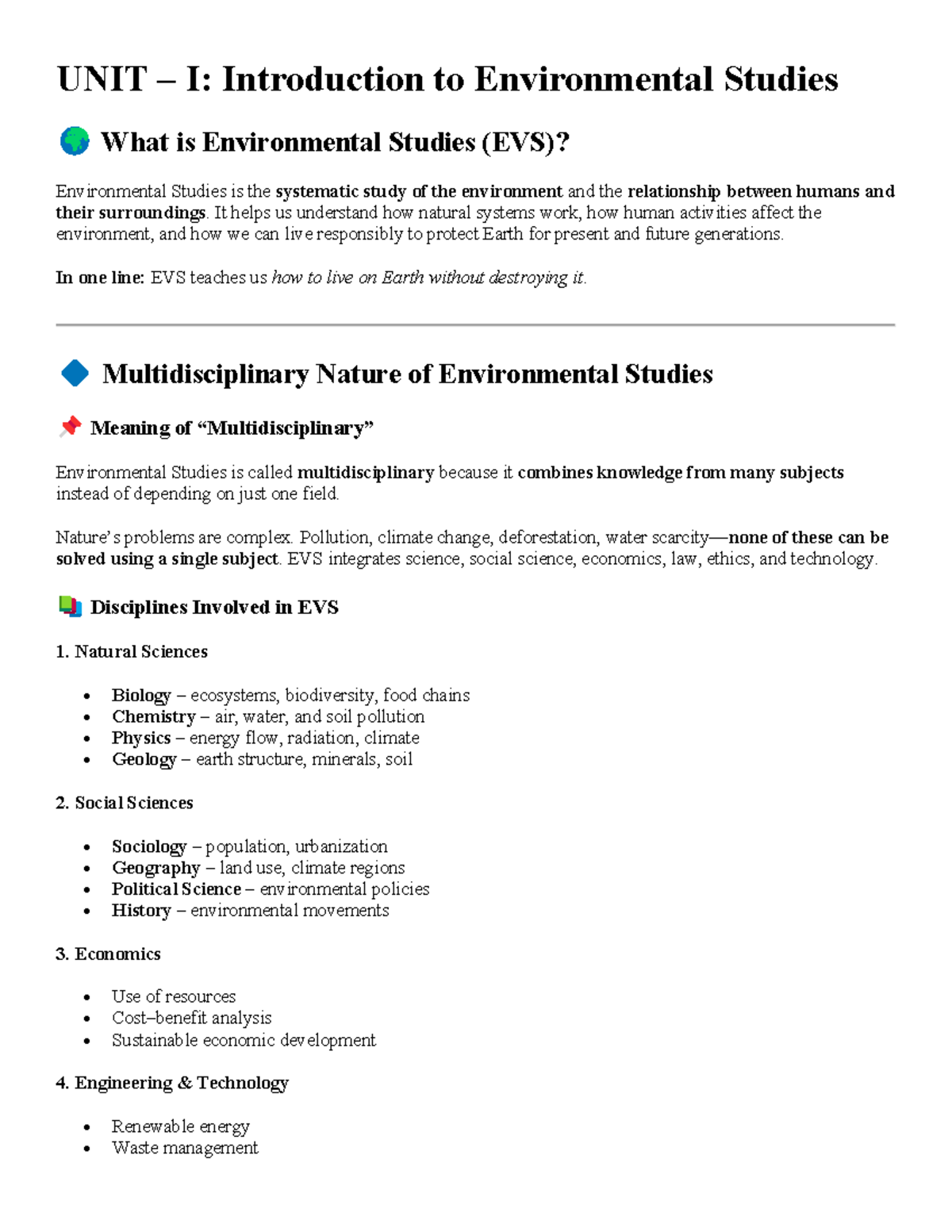 Unit 1 Summary Notes: Introduction to Environmental Studies (EVS) for ...