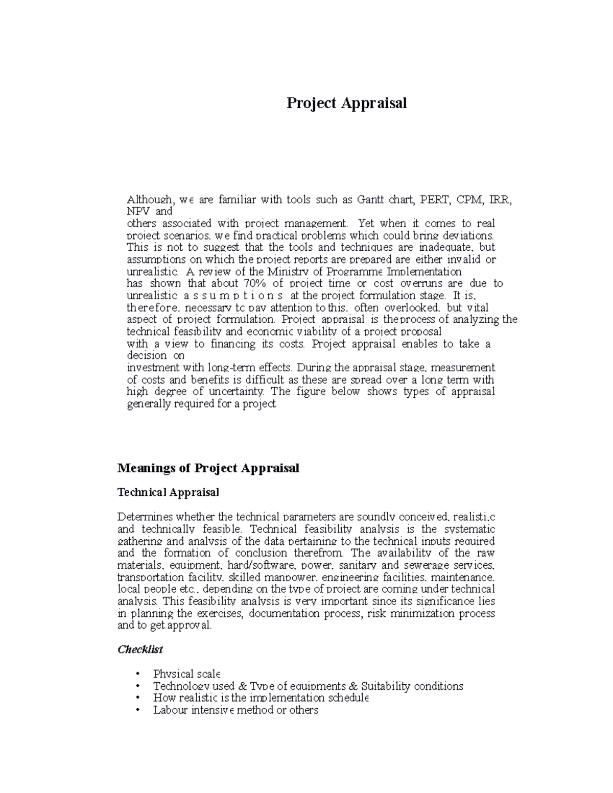 Project Appraisal - Lecture Notes on Techniques and Methods (1-22 ...