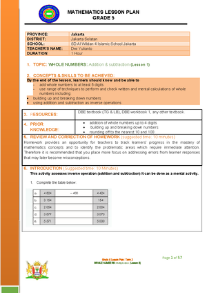 [Solved] Mathematics Lesson plan Theme money content area problem ...