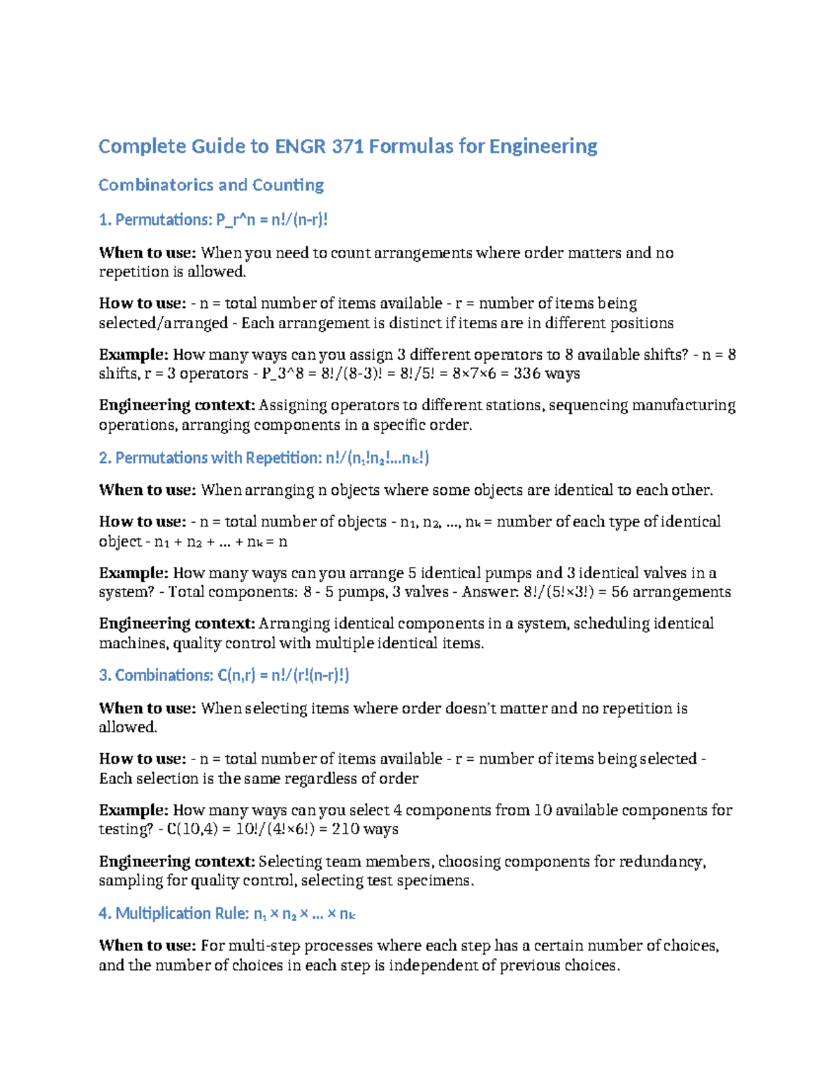 ENGR 371 Final Exam Formulas Guide for Combinatorics & Probability ...