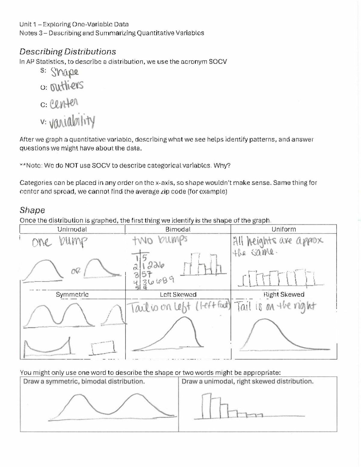 Unit 1 AP Statistics notes: Describing and summarizing quantitative ...