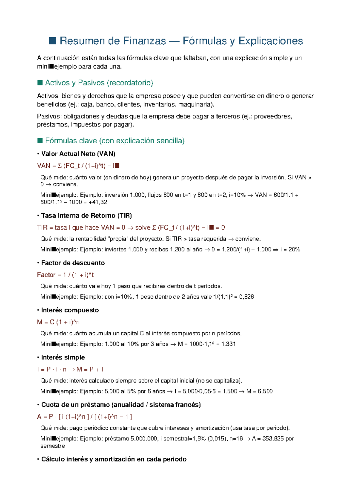 Finanzas 101: Resumen de Fórmulas Clave y Explicaciones - Studocu