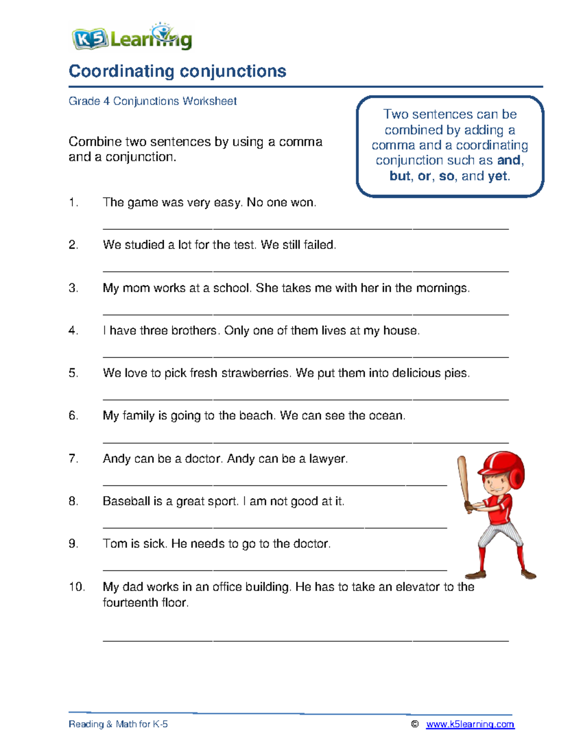 Grade 4 Conjunctions Worksheet: Combining Sentences with Conjunctions ...