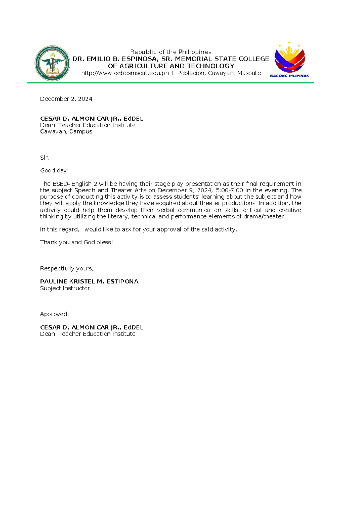 English 2 Final Requirement: Stage Play Presentation Approval Request - Studocu