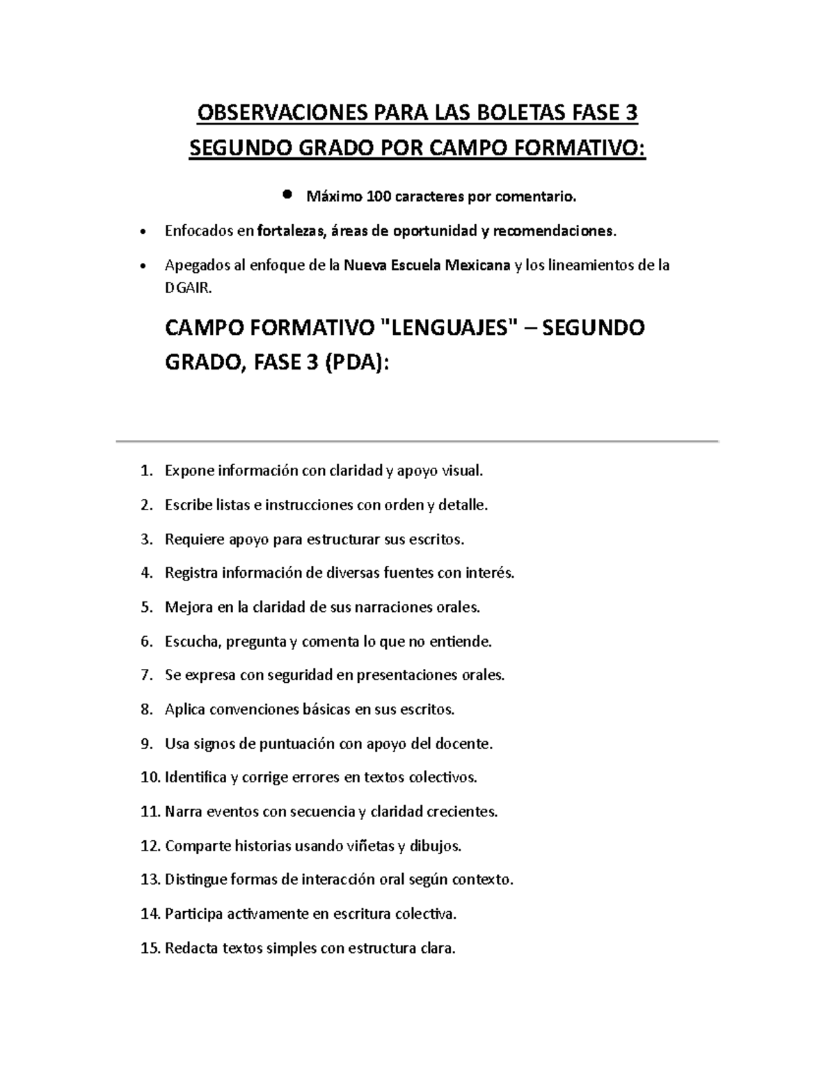 Observaciones para Boletas FASE 3 Segundo Grado: Fortalezas y ...