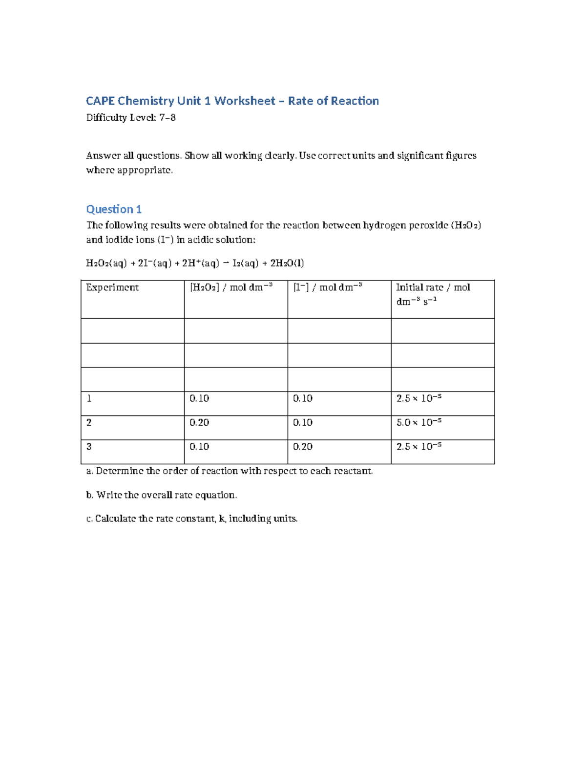 CAPE Chemistry Unit 1 Rate of Reaction Worksheet - Studocu