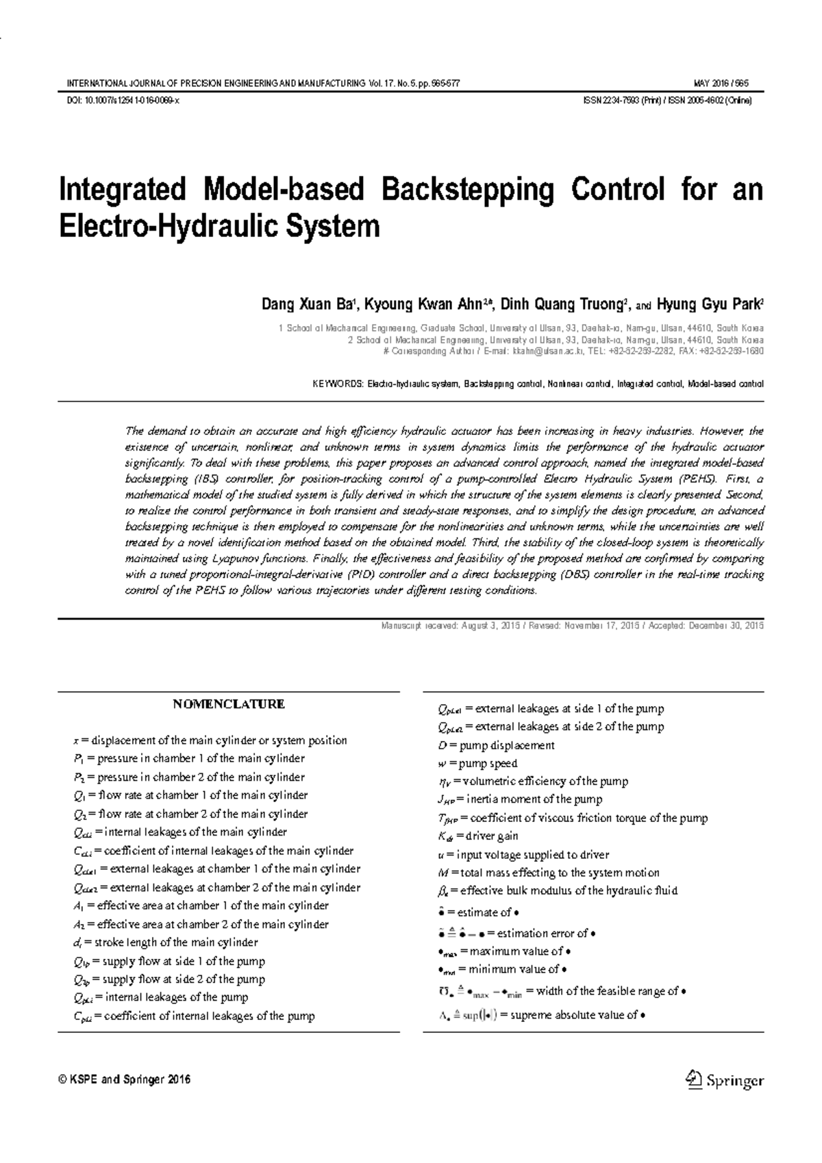 Integrated Backstepping Control for Electro Hydraulic Systems (S12541 ...