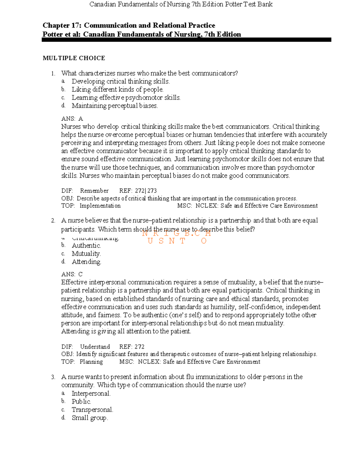 Canadian Fundamentals of Nursing 7th Ed. Test Bank: Chapter 17 ...