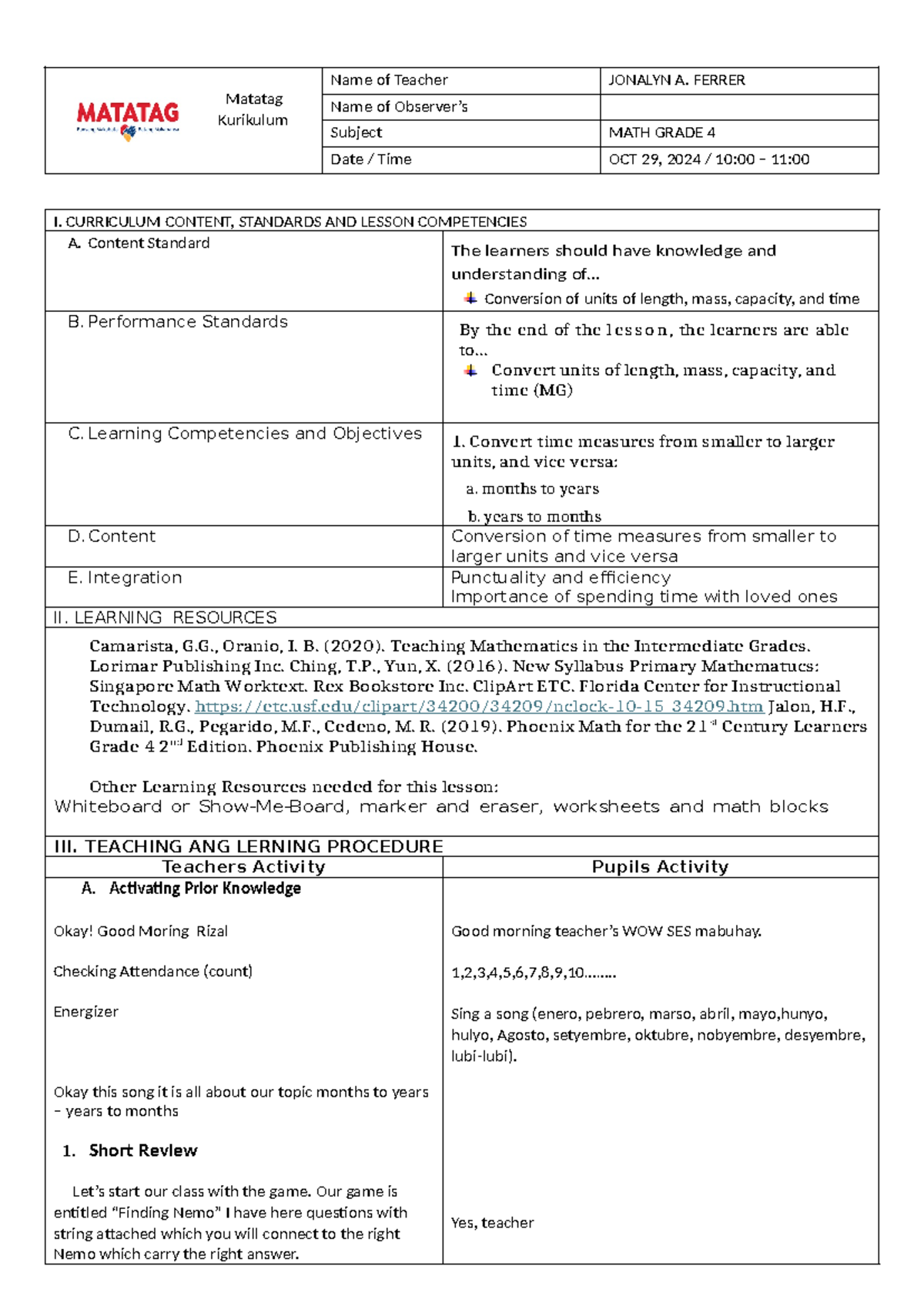MATH G4 Lesson Plan: Converting Units of Time - Matatag Ka! - Studocu