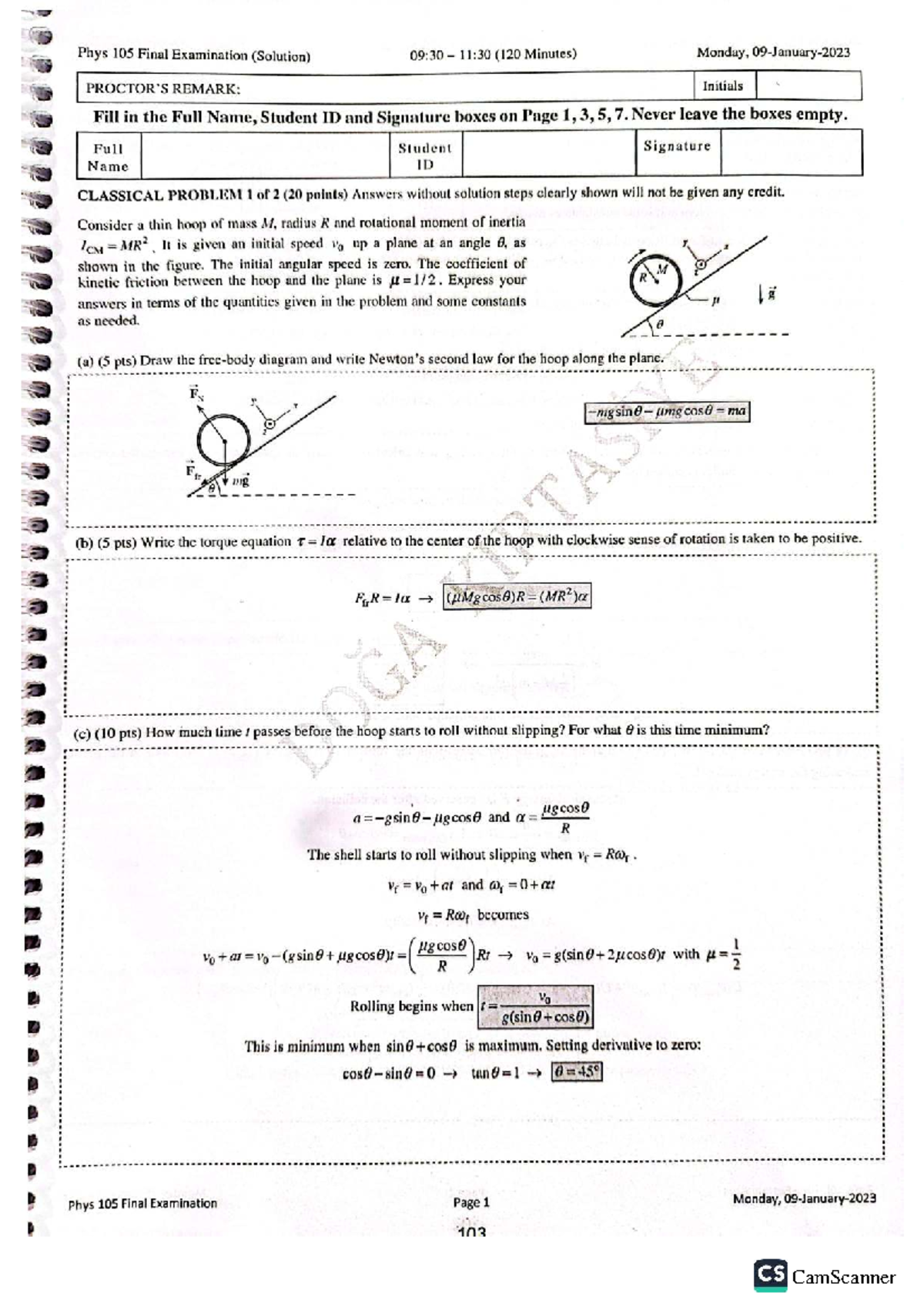 Phys 105 Final Exam Solutions (2023) - Classical Problems Analysis - Studocu