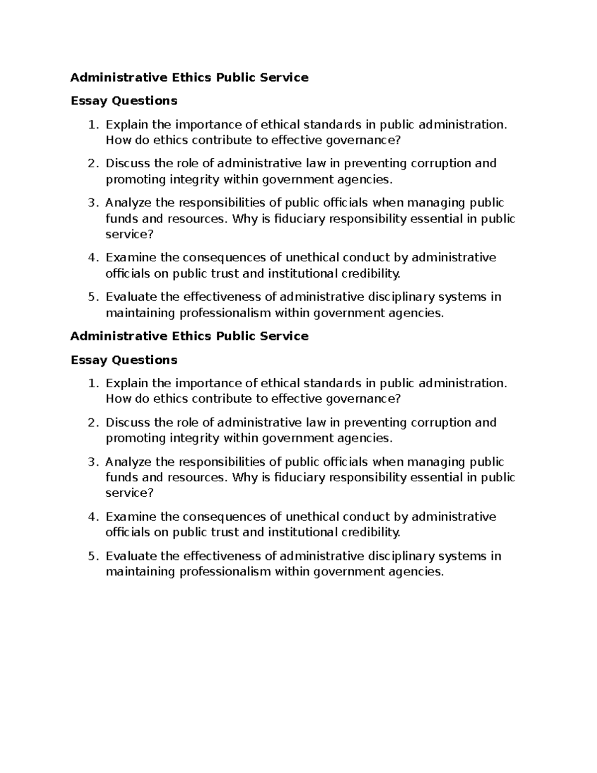 Administrative Ethics in Public Service: Key Essay Questions - Studocu