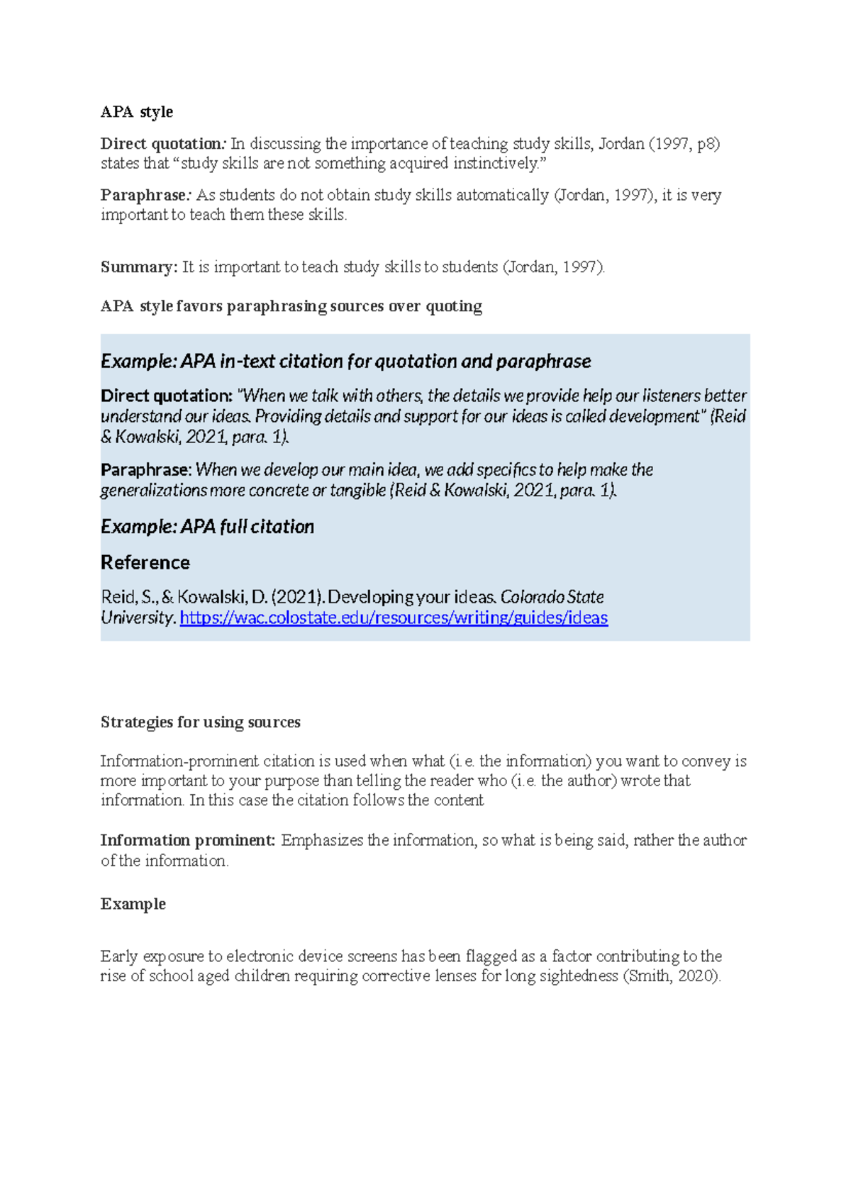 APA style - APA style Direct quotation: In discussing the importance of ...