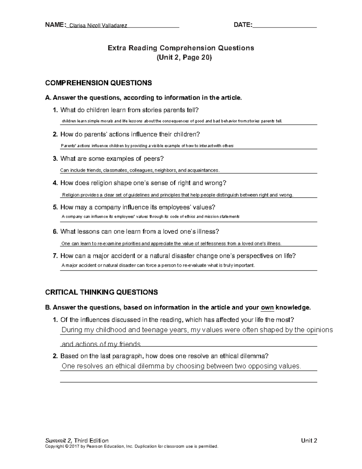 Summit 2: Unit 2 Reading Comprehension Questions and Answers - Studocu