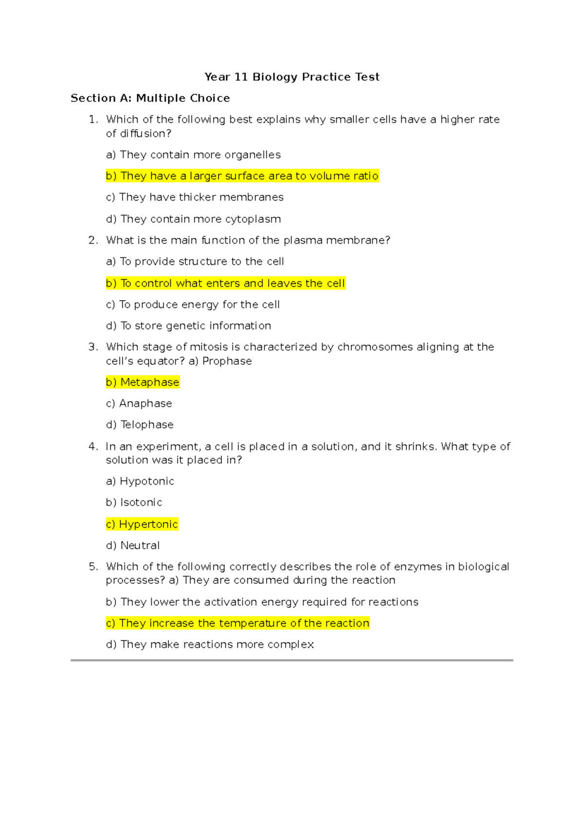 Year 11 Biology Practice Test: Diffusion & Cell Membrane Concepts - Studocu