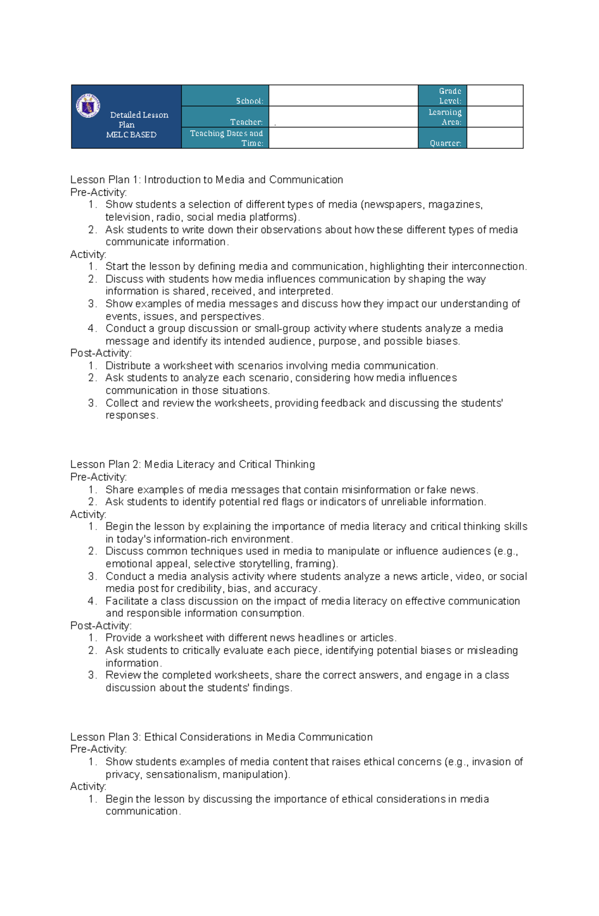 Media and Information Literacy Q1 Detailed Lesson Plans - Studocu