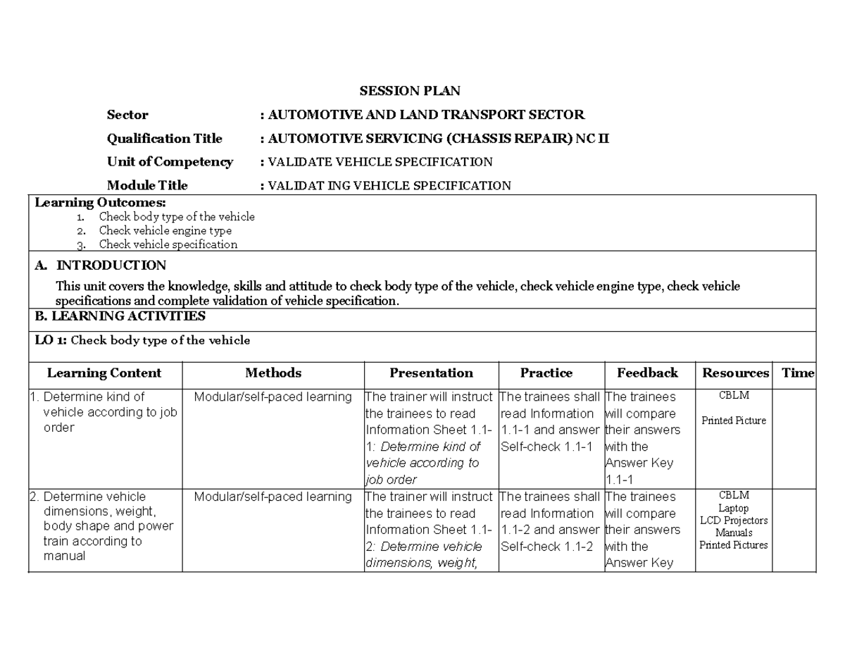 Common Competency (Chassis) - SESSION PLAN Sector : AUTOMOTIVE AND LAND ...