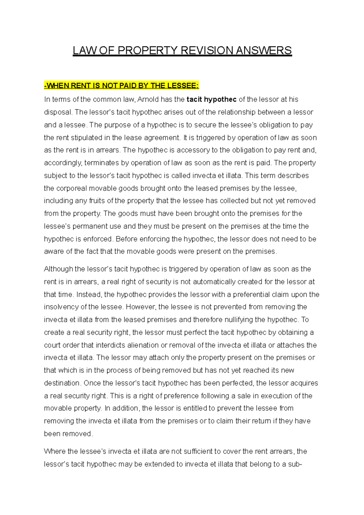 LAW 101: Property Law Revision Answers and Key Legal Concepts - Studocu
