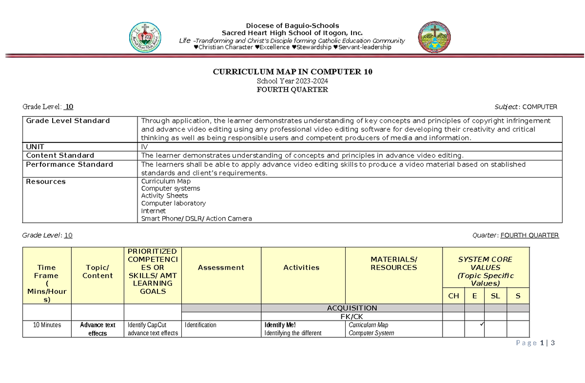 CMAP ICT 10 4th Q - COMPUTER CURRICULUM MAP & VIDEO EDITING SKILLS ...