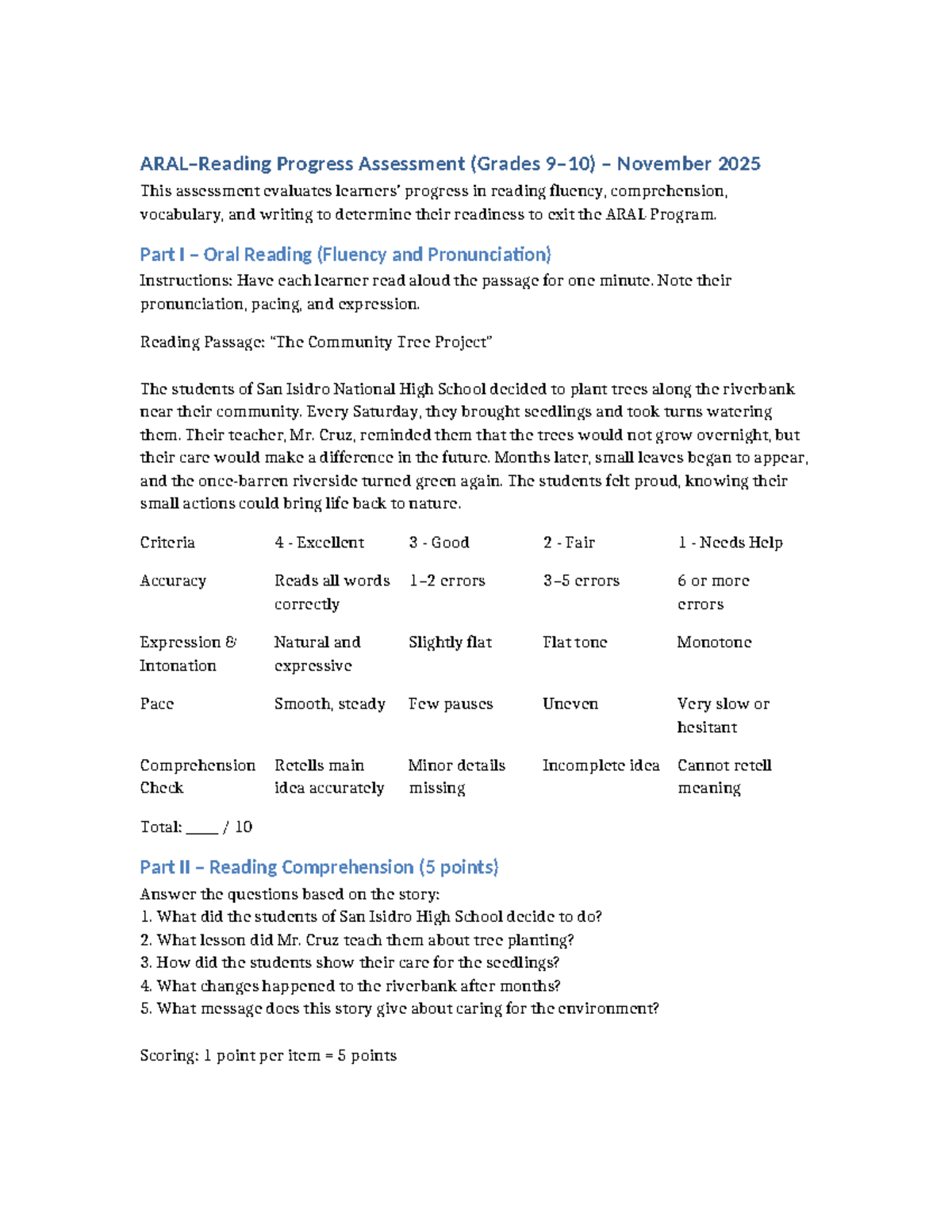 ARAL Reading Assessment Grades 9-10: Progress Evaluation Nov 2025 - Studocu