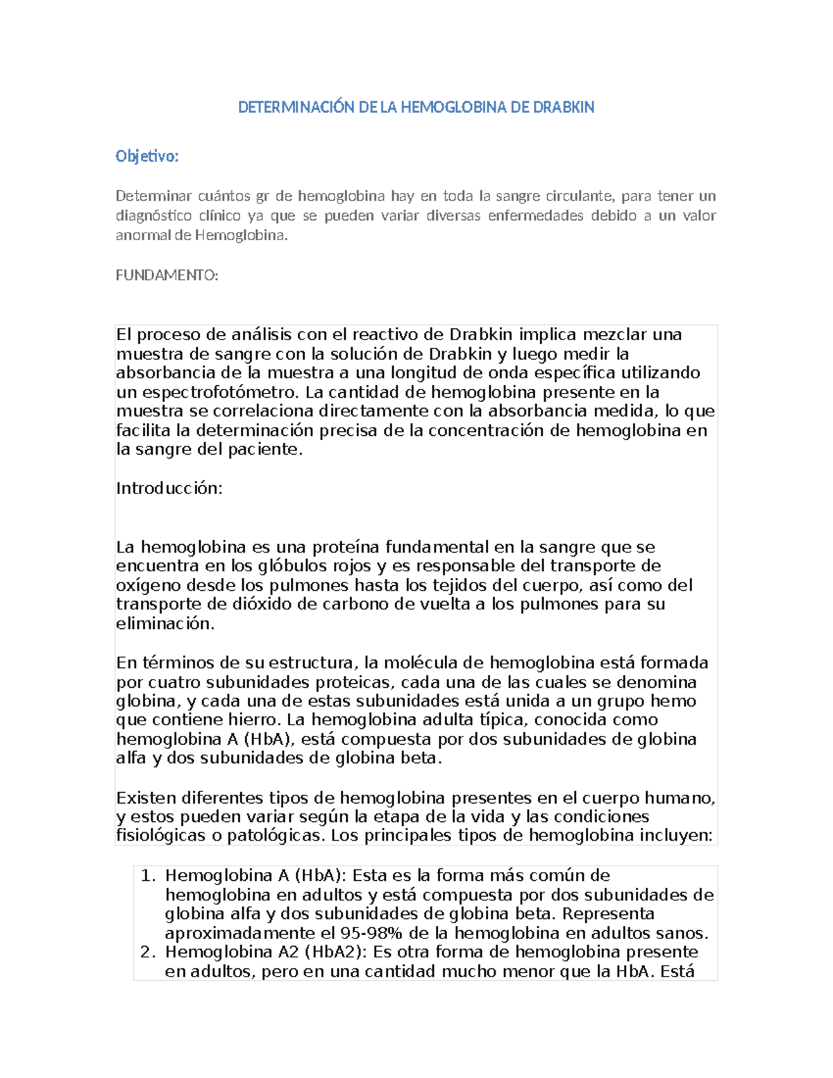 Determinación de Hemoglobina de Drabkin: Método y Fundamentos - Studocu