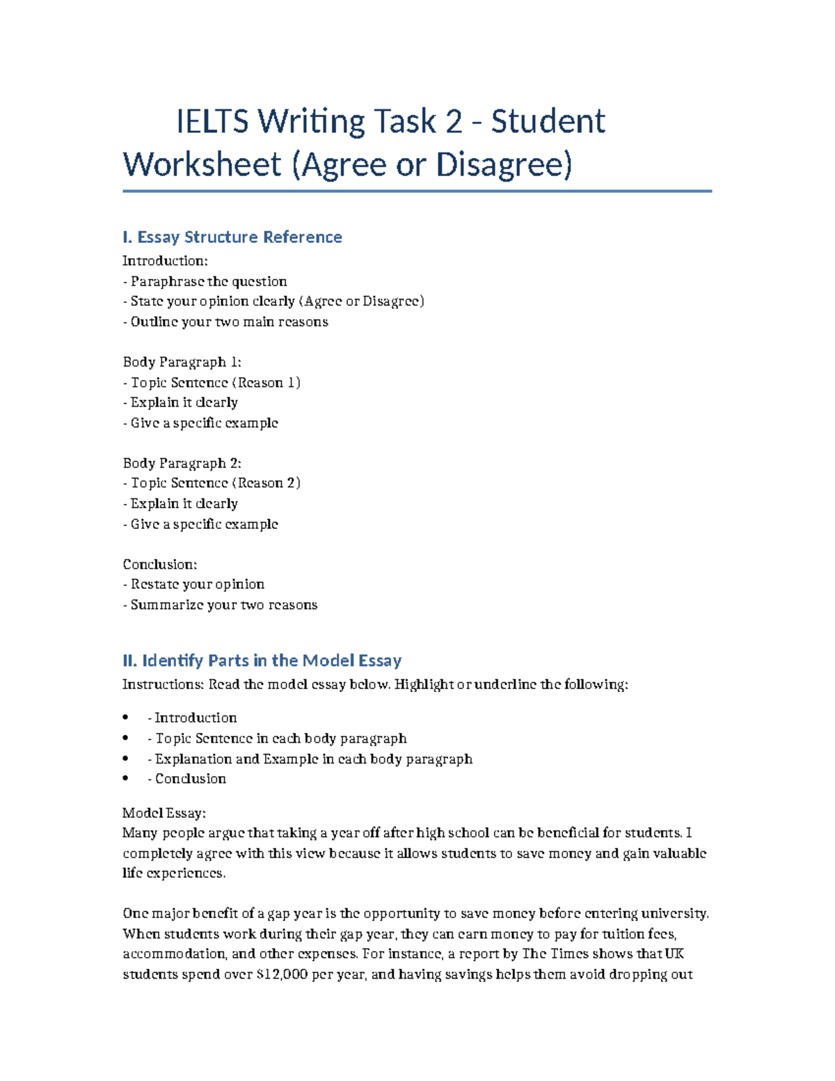 IELTS Writing Task 2: Agree or Disagree Student Worksheet - Studocu